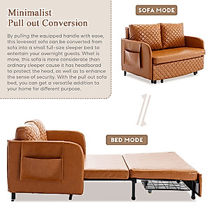 Deolme Convertible Sleeper Sofa Bed, Modern Loveseat Couch with Pull Out Bed, Small Love Seat Futon Sofa Bed with 2 Pillows&Side Pockets&Storage for Living Room,Sofa cama para habitacion (Brown PU)