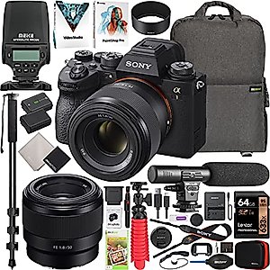 Sony Alpha 1 Full Frame Mirrorless Camera Body + 50mm F1.8 FE Fast E-Mount Lens SEL50F18F ILCE-1/B Bundle with Meike MK320 TTL Flash Speedlite + Deco Gear Backpack + Microphone and Accessories Kit