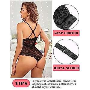 Avidlove Snap Crotch Lingerie Women Deep V Lace Teddy Bodysuit One Piece Babydoll(Black,L)