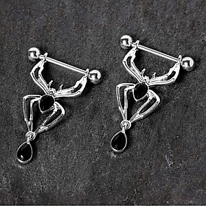 Body Candy 14G Womens Nipplerings Piercing 316L Steel 2Pc Black Accent Spider Dangle Nipple Ring Set 9/16"