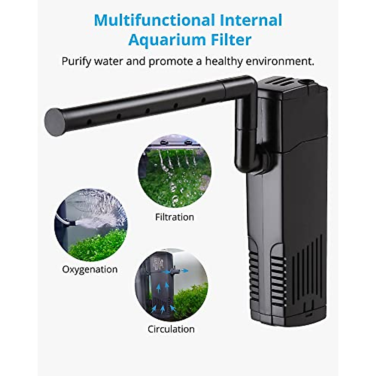 NICREW Aquarium Internal Filter, Submersible Power Filter with Multiple Function, Aeration System with Sponge Filter for Fish Tanks 10-20 Gallon, 100 GPH, 7W