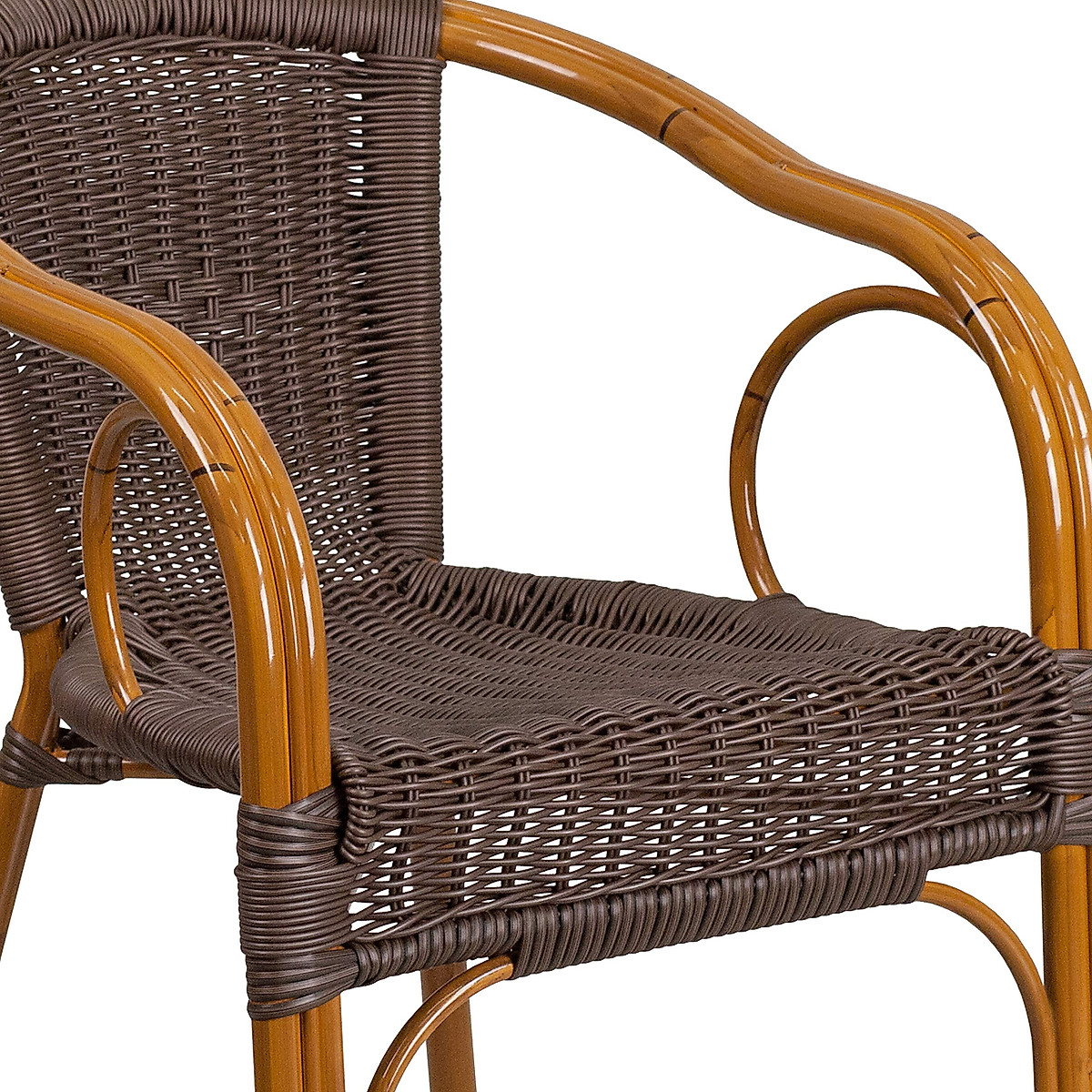 EMMA + OLIVER Dark Brown Rattan Patio Chair with Red Bamboo-Aluminum Frame