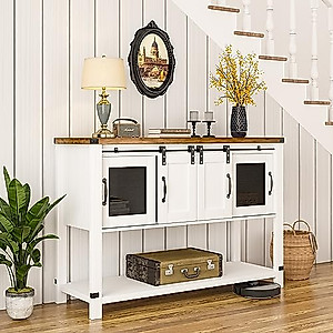 Farmhouse Coffee Bar Cabinet, 47’’ Kitchen Coffee Bar Table, White Coffee Buffet Cabinet with Sliding Barn Door, Entryway Table with Metal Mesh Doors, Bottom Open Storage Shelf, Living Dining Room