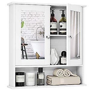 Tangkula Bathroom Cabinet Wall Mounted with Double Mirror Doors, Wood Hanging Cabinet with Doors and Shelves, Bathroom Wall Mirror Cabinet (White)