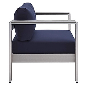 Modway EEI-4322-SLV-NAV-SET Shore Aluminum Sunbrella Fabric 7-Piece Outdoor Patio Set, Silver Navy