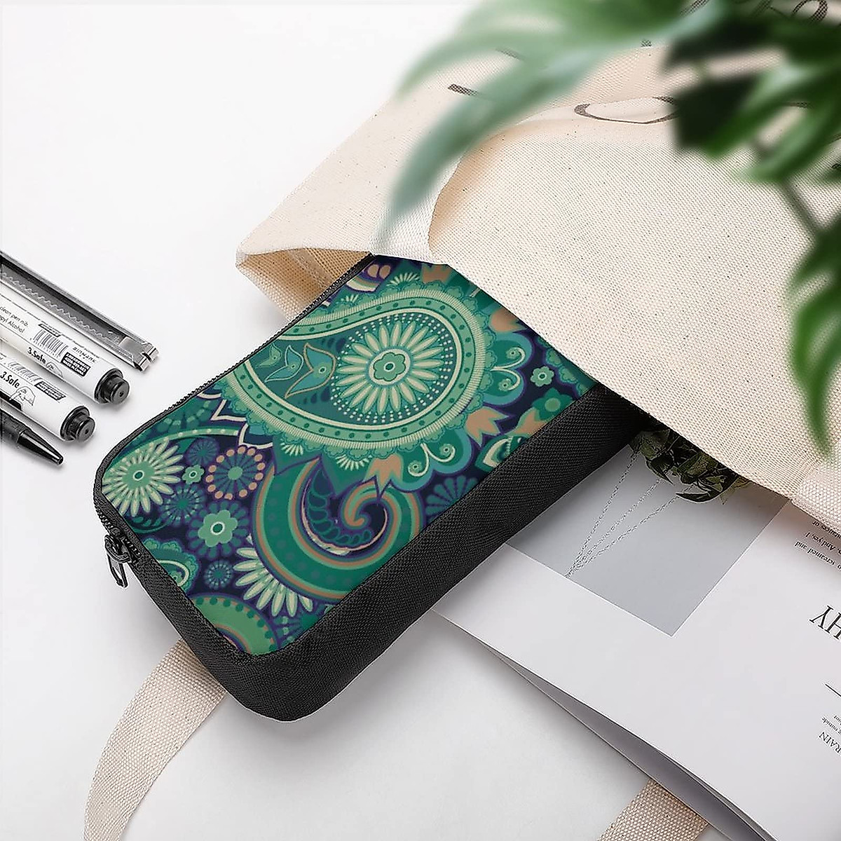 Green Paisley Pattern Pencil Case Stationery Pen Pouch Portable Makeup Storage Bag Organizer Gift