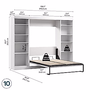 Bestar Pur Full Murphy Bed with 2 Shelving Units, 109-inch Space-Saving Wall Bed with Storage