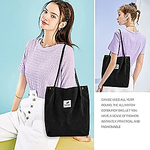 Corduroy Tote Bag for Women Girls Shoulder Bag with Inner Pocket For Work Beach Lunch Travel Shopping Grocery (Black, 1 Pcs)