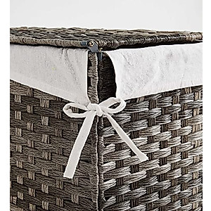 Caozichun Laundry Hamper, 110L Divided Laundry Basket with Removable Liner Bag, Handwoven Synthetic Rattan Clothes Hamper with Lid and Handles, Foldable, 22 x 13 x 24 Inches, Gray