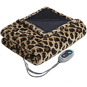 Beautyrest Brushed Long Fur Electric Throw Blanket Ogee Pattern Warm and Soft Heated Wrap with Auto Shutoff, 50 in x 60 in, Leopard