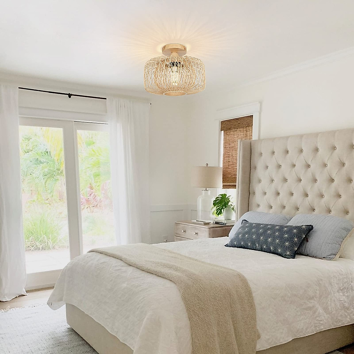 FRIDEKO HOME Woven Rattan Flush Mount Light Fixture - Boho Light Fixtures Ceiling Bedroom Ceiling Lights Flush Mount Ceiling Light for Living Room Hallway Kitchen Entryway Farmhouse