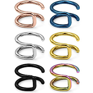 Ruifan 14G Stainless Steel Gothic Clip on Non piercing Double Fake Cuff Lip Nose Ring Septum Hoop Women Men 6pcs