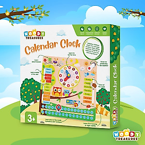 Woody Treasures - Montessori Wooden Toys Kids Clock - Wooden Toy for 3 Year Olds - Unique Learning Toy for Toddlers Learn About Seasons, Months, Days of Week, Time Telling - Educational and Fun