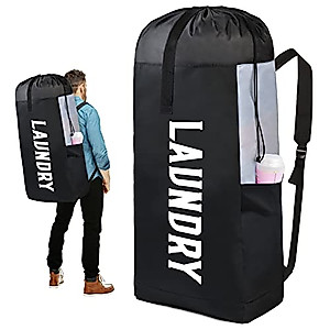 Laundry Backpack Bag Travel Laundry Backpack Extra Large Heavy Duty with Shoulder Straps Camp Nylon Laundry Hamper Bag with Drawstring Closure for College, Travel, Laundromat, Apartment, Camp (Black)