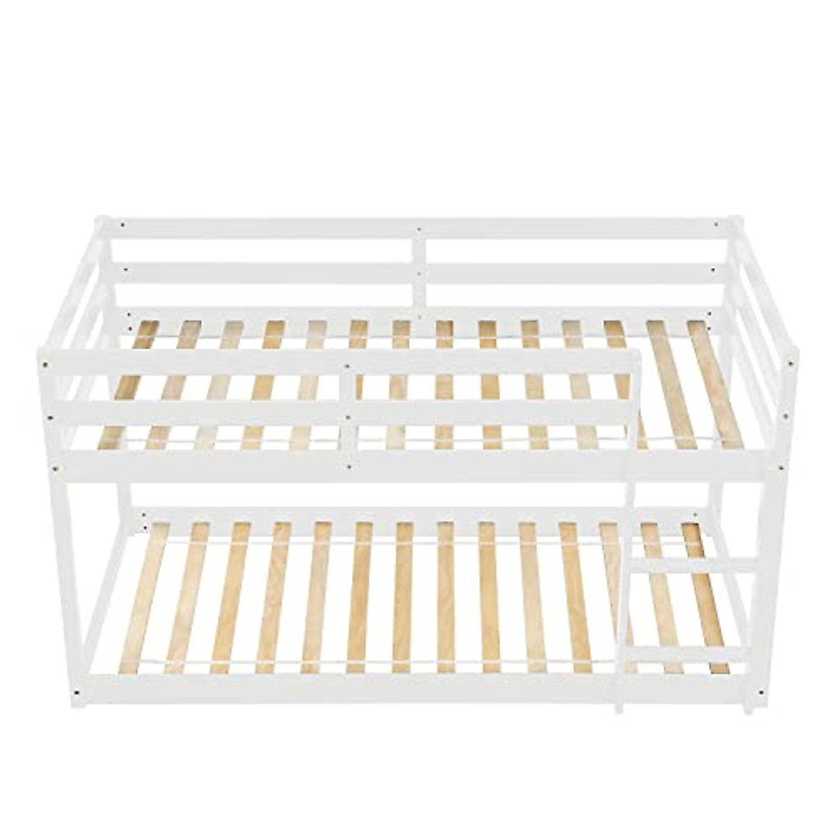 Senviy Twin Over Twin Floor Bunk Bed with and Guardrail,Wooden Bed Frame for Girls and Boys for Bedroom,No Spring Box Needed (White)