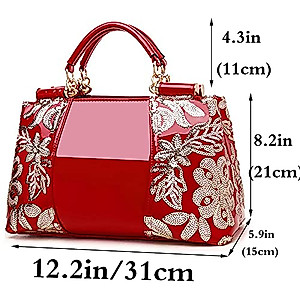 Rullar Women Handbag Purse Patent leather Top-Handle Shoulder Bag Embroidery Totes Satchel