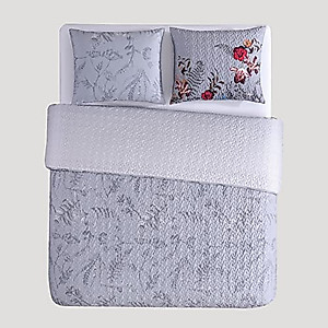 Bebejan Nicole 3 Piece Reversible Gray Ombre Quilt Set, 100% Cotton, 230 Thread Count, Red, Blue Floral Bedspread Print Pattern, Lightweight, Soft, Luxury, 1 Quilt, 2 Shams (Queen)