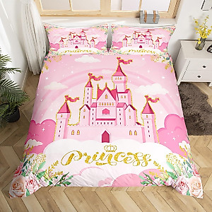 Manfei Princess Twin Bedding Sets for Girls,Pink Castle Dreamy Comforter Cover Kids Bedroom Decor,Flowers Bed Set,Fairy Tale Theme Duvet Cover Cute Blanket,Gifts for Girl,No Comforter
