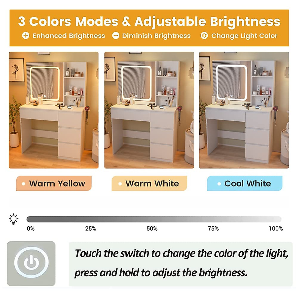 Vabches White Vanity Desk with Mirror and Lights, Makeup Vanity with Lights 4 Drawers, Vanity Table with Power Outlet & Sliding Door, 3 Lighting Colors, 37inch