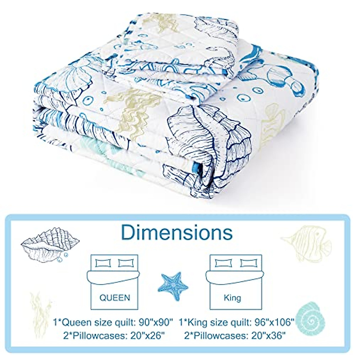 FRAMICS 3-Piece King Size Reversible Quilt Set Summer Quilt Lightweight Ocean Quilts Beach Bedspread Coverlet Blue Coral Conch Seashell Coastal Bedding for All Season(1 Quilt, 2 Pillow Shams)