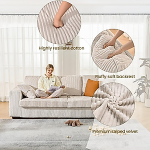 97 in Sofa Couch, Big Comfy Couch for Living Room, Cloud Couch with Oversized Armchair, Small Sofa with 24 in Deep Seat, Velvet Couch for Home and Apartment, Modern Couch, 3 Seater Couch, Beige
