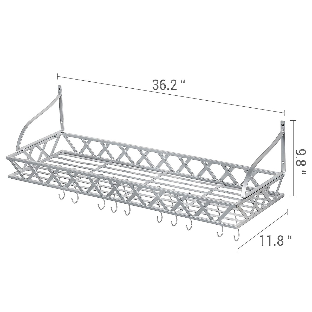 MyGift Wall Mounted Black Metal Kitchen Pots and Pans Storage Rack with Display Shelf Includes 12 Removable S Hooks