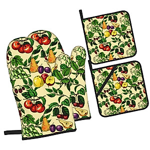 Nice Fruit Flower Oven Mitts and Pot Holders Heat Resistant 4 Pcs Sets Waterproof Non-Slip for BBQ Cooking Baking Grilling