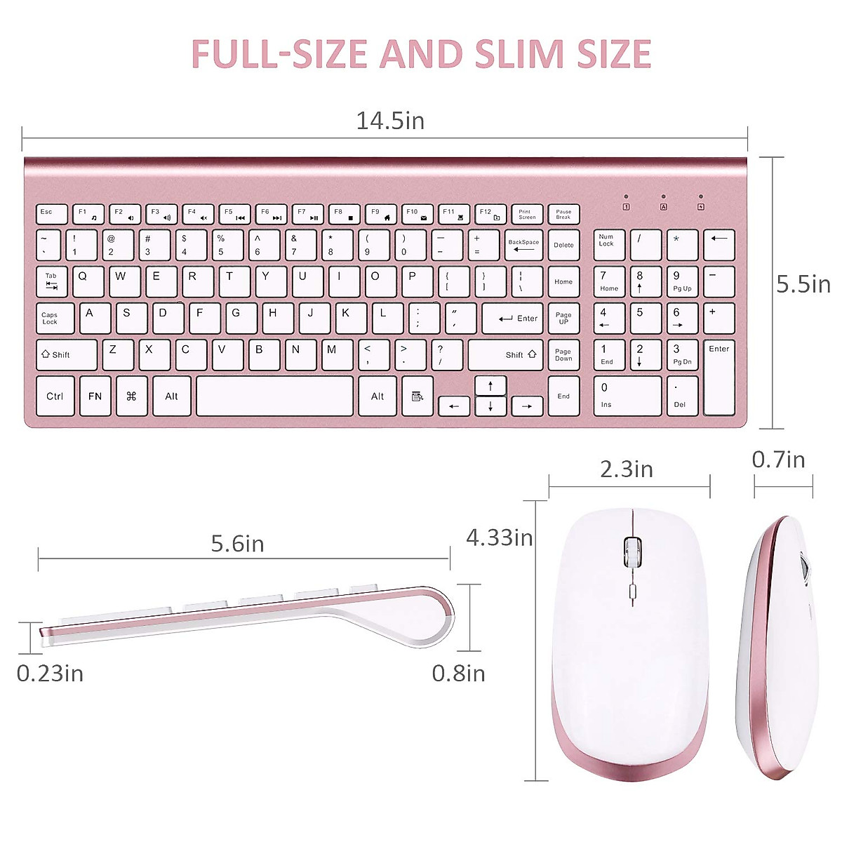 Wireless Keyboard and Mouse, FENIFOX Full-Size Whisper-Quiet Compact Compatible with Mac PC Laptop Tablet Notebook Windows - Rose Gold Pink