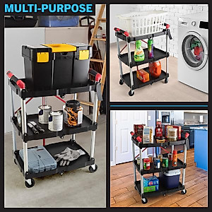 Collapsible Cart - Portable and Lightweight Folding Service Cart with 50lb Capacity Per Shelf - Multi Use Foldable Cart with Wheels by Stalwart