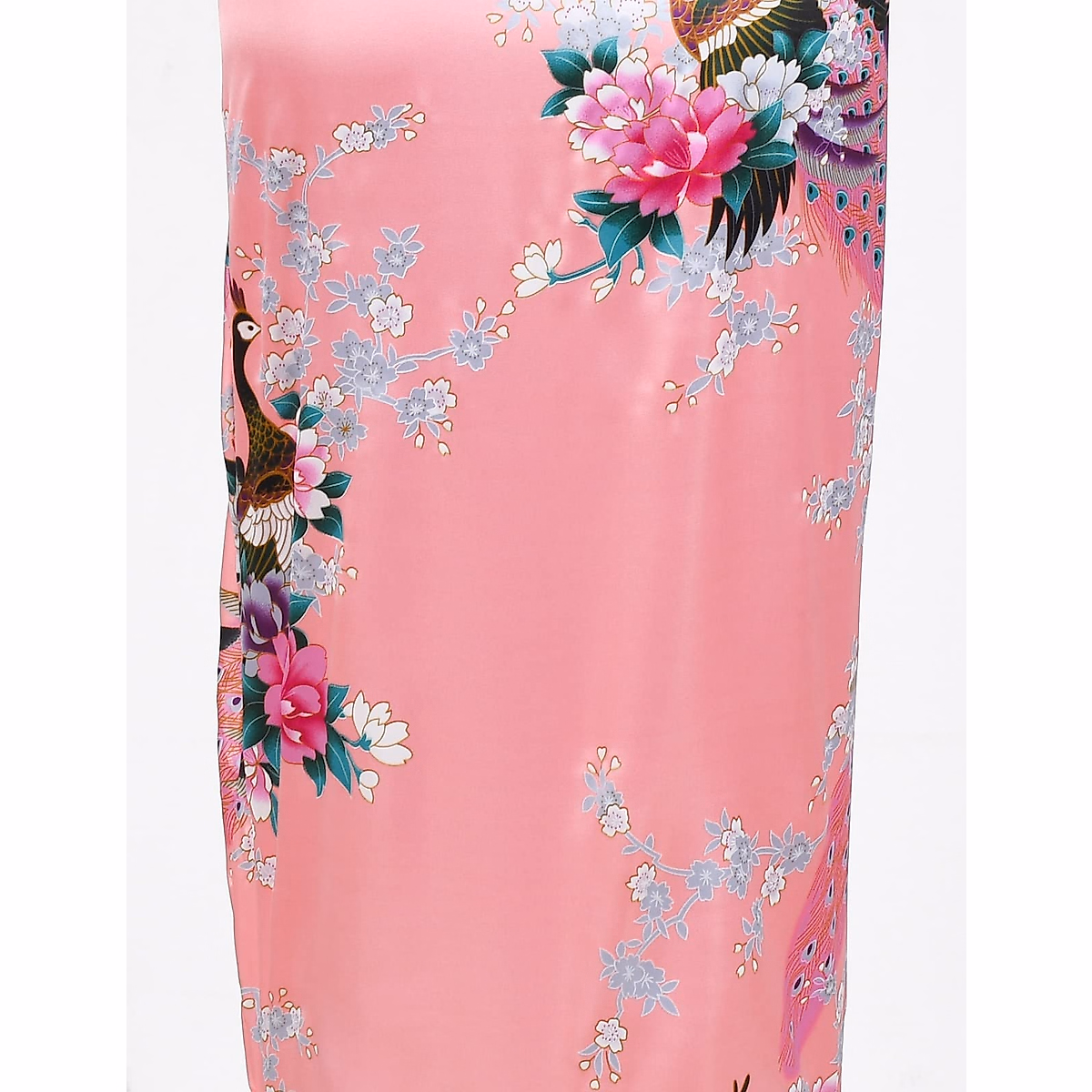 Heone Japanese Long Kimono Satin Peacock Printed Lightweight Cardigan Jacket Coat Loose Yukata Cloak Bathrobe Tops folding fans Tabi Socks Set(Coralred XL-5XL)