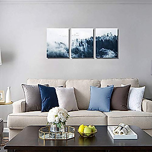 Indigo Misty Forests Wall Pictures for Bedroom Modern 3 Pieces Canvas Wall Art Mountain Forest in Fog Navy Blue Wall Decorations Minimalist Canvas Art Evergreen Coniferous Trees Gallery Wrapped