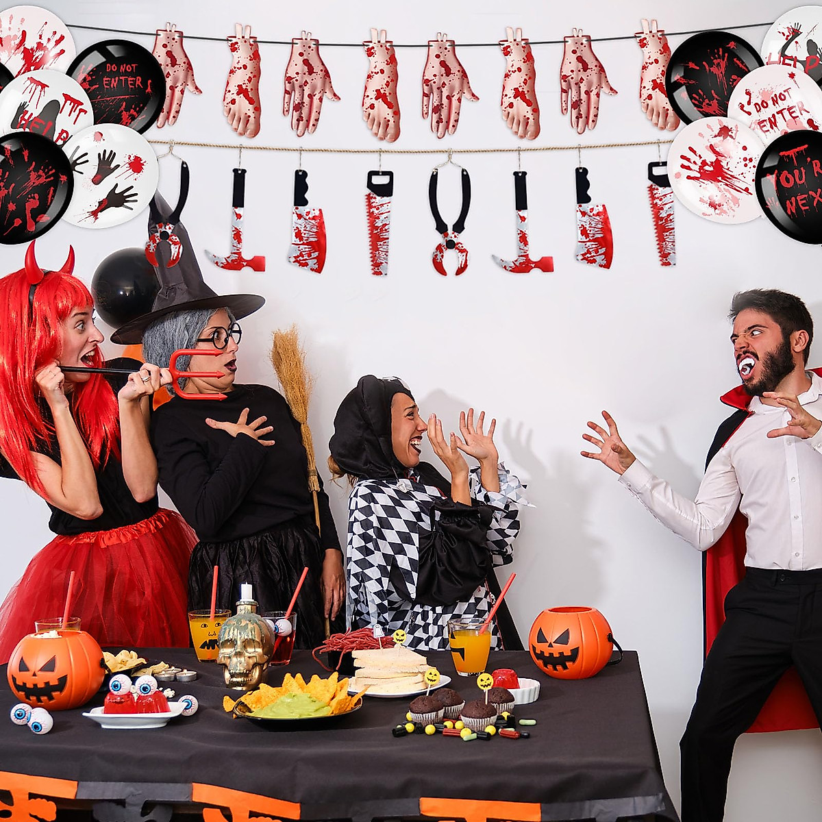 Barydat 50 Pcs Bloody Halloween Party Decorations Set Halloween Bloody Garland Banner Windows Stickers Creepy Cloth Scary Latex Balloons for Halloween Bloody Theme Indoor Outdoor Decoration Supplies