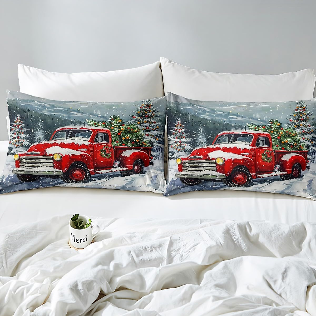 Red Christmas Truck Duvet Cover Set King Size,Winter Snow View Bedding Set for Kids Boys Girls Adults Room Decor,Happy New Year Themed Comforter Cover 3pcs Xmas Pine Quilt Cover,2 Pillowcases