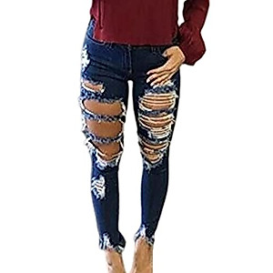 Sexyshine Women's Casual Skinny High Waisted Destroyed Ripped Hole Denim Pants Long Stretch Pencil Jeans(BE,2XL) A-Blue