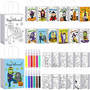 Abbylike 72 Pcs Halloween Color Your Own Bags for Kids Trick or Treat Coloring Goodie Bags Halloween Paper Gift Bag Party Favor Bags with 48 Markers for Halloween Party Favors Supplies DIY Crafts Gift
