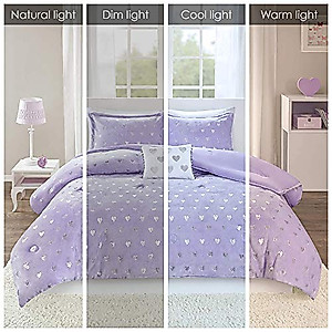 Mi Zone Rosalie Comforter Set for Girls, Ultra-Soft Microlight Plush Metallic Printed Hearts Brushed Reverse Overfilled Down Alternative Hypoallergenic All Season, Full/Queen, Purple/Silver, 4 Piece