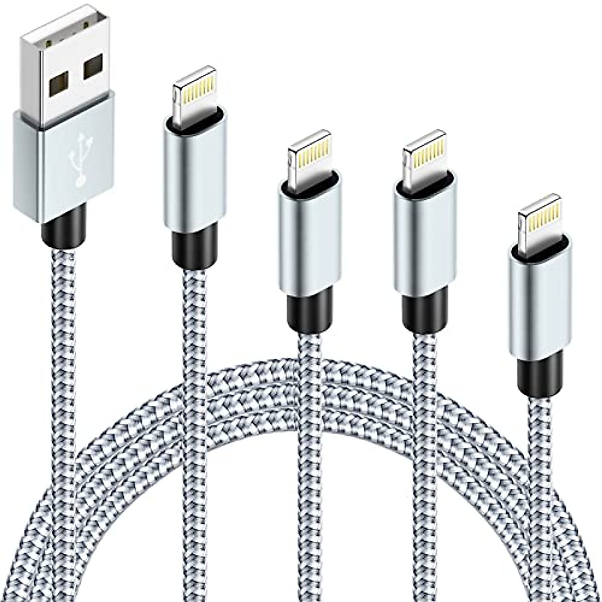 IDISON MFi Certified iPhone Charger, 4Packs(3/6/6/10FT) USB iPhone Charging Cable Nylon Braided Fast Charging Cord Compatible for iPhones/Pad(Gray +White)