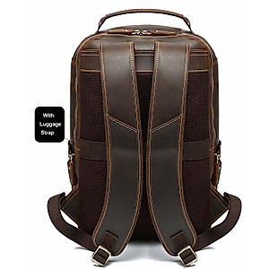 Taertii Full Grain Leather Backpack for Men, Fits 15.6" Laptop Multi Pockets Travel Bag Daypack Rucksack - Brown