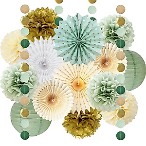 Sage Green Party Decorations Sage Green and Gold Paper Pom Poms Flowers Paper Fans Olive Sage Gold Circle Dots Garland for Sage Birthday Baby Shower Bridal Shower Wedding Party Decoration