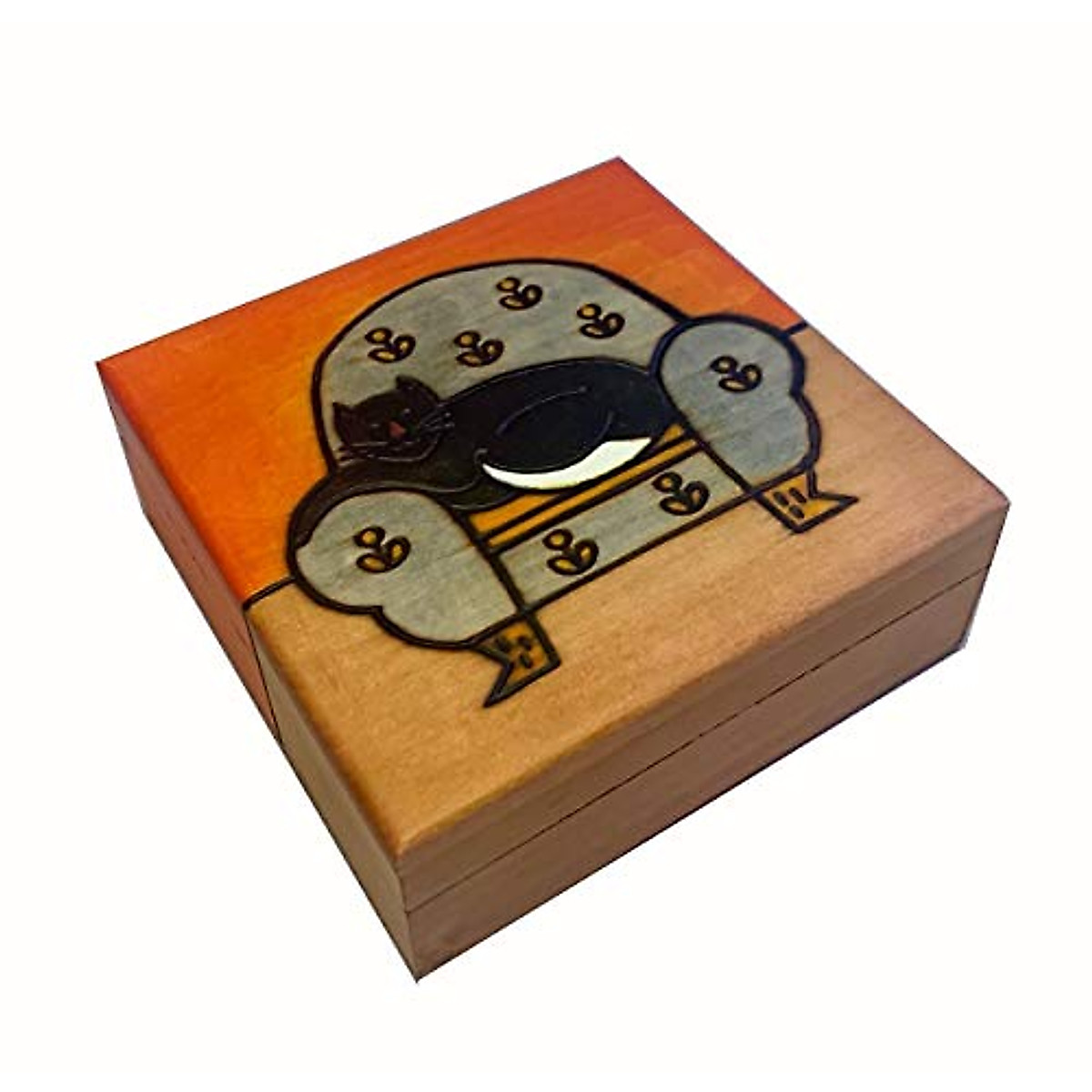 Black Cat on a Chair Wooden Box Polish Handmade Keepsake Black Cat Jewelry Box