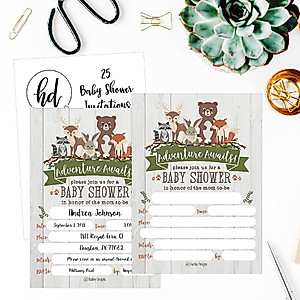 Hadley Designs 25 Cute Rustic Woodland Forest Invitations, 25 Books for Request Cards, Sprinkle Invite for Toddlers, Bring A Book Instead Of A Car, Invitation Inserts for Baby Shower
