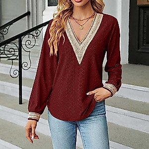 Womens Tops 2023 V-Neck Lace Crochet Loose Fit t Shirts Solid Color Fashion Graphic Tunic Empire Waist Blouses