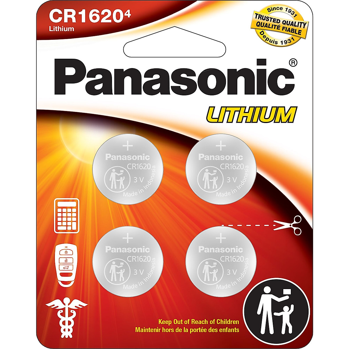 Panasonic CR1620 3.0 Volt Long Lasting Lithium Coin Cell Batteries in Child Resistant, Standards Based Packaging, 4-Battery Pack