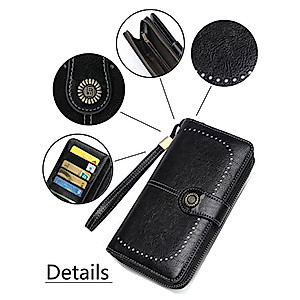 JJUQ Womens Wallet Leather Large Capacity Card Holder Zipper Wristlet Wallets for Women-black