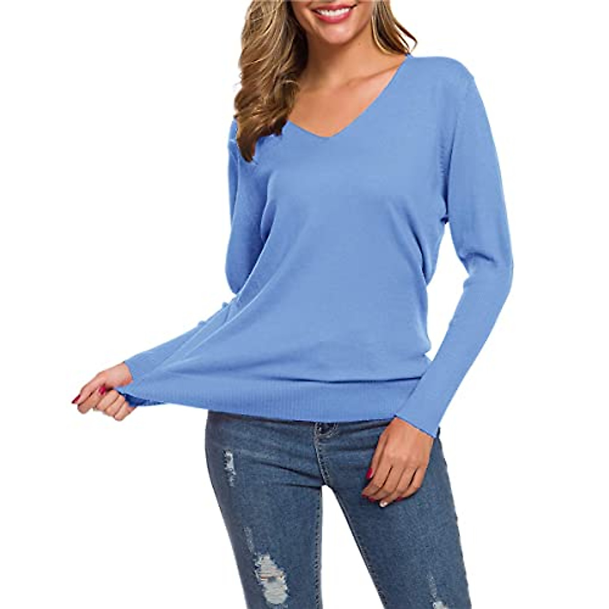 Women's Long Sleeves V Neck Cashmere Blend Sweater, Batwing Sleeves Women Tops Fall Sweaters, X01 V Neck Bat Sleeve Blue, US Large = Tag 4XL