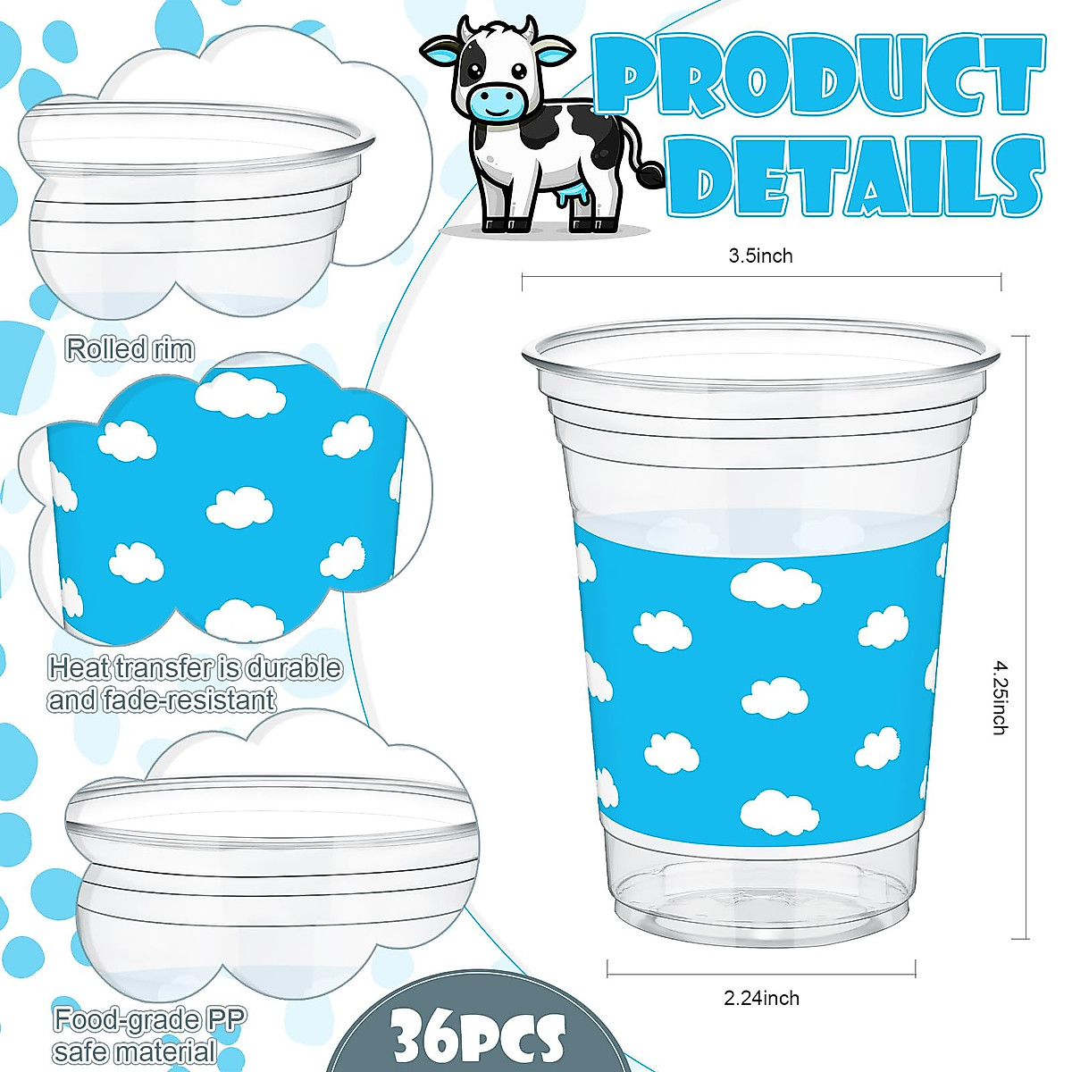 Willinglong 36 Pcs Blue Sky White Clouds Birthday Party Supplies 12 oz Cartoon Story Plastic Thick Clear Cups Disposable Plastic Cups for Birthday Baby Shower Blue Party Decorations