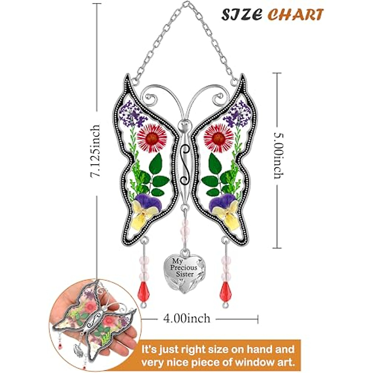 KY&BOSAM Butterfly Suncatcher Stained Glass Hangings for Windows My Precious Sister Sun Catcher Pressed Real Flower Wing in Glass Dream Catchers Birthday Mother`s Day Wind Chimes Charm