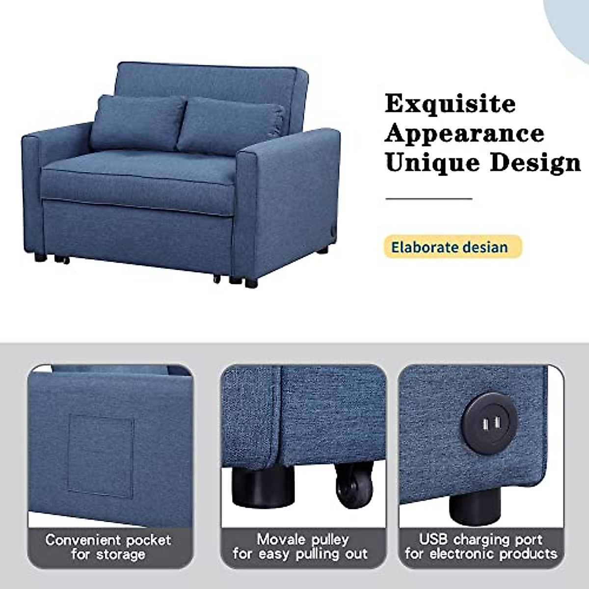 Tdewlye Versatile 48" Convertible Sleeper Sofa Bed with Adjustable Bed Chair,USB Charging Port and 2 Pillows,for Small Space Apartment Office Living Room (Blue#USB)