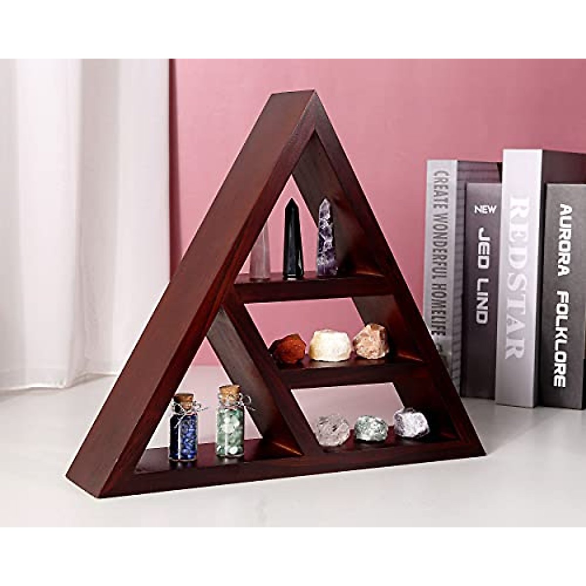 CozyCabin Triangle Shelf for Crystals Display, Moon Phase Wooden Crystal Display Shelf with Hooks Triangle Wall Shelf for Crystal Display