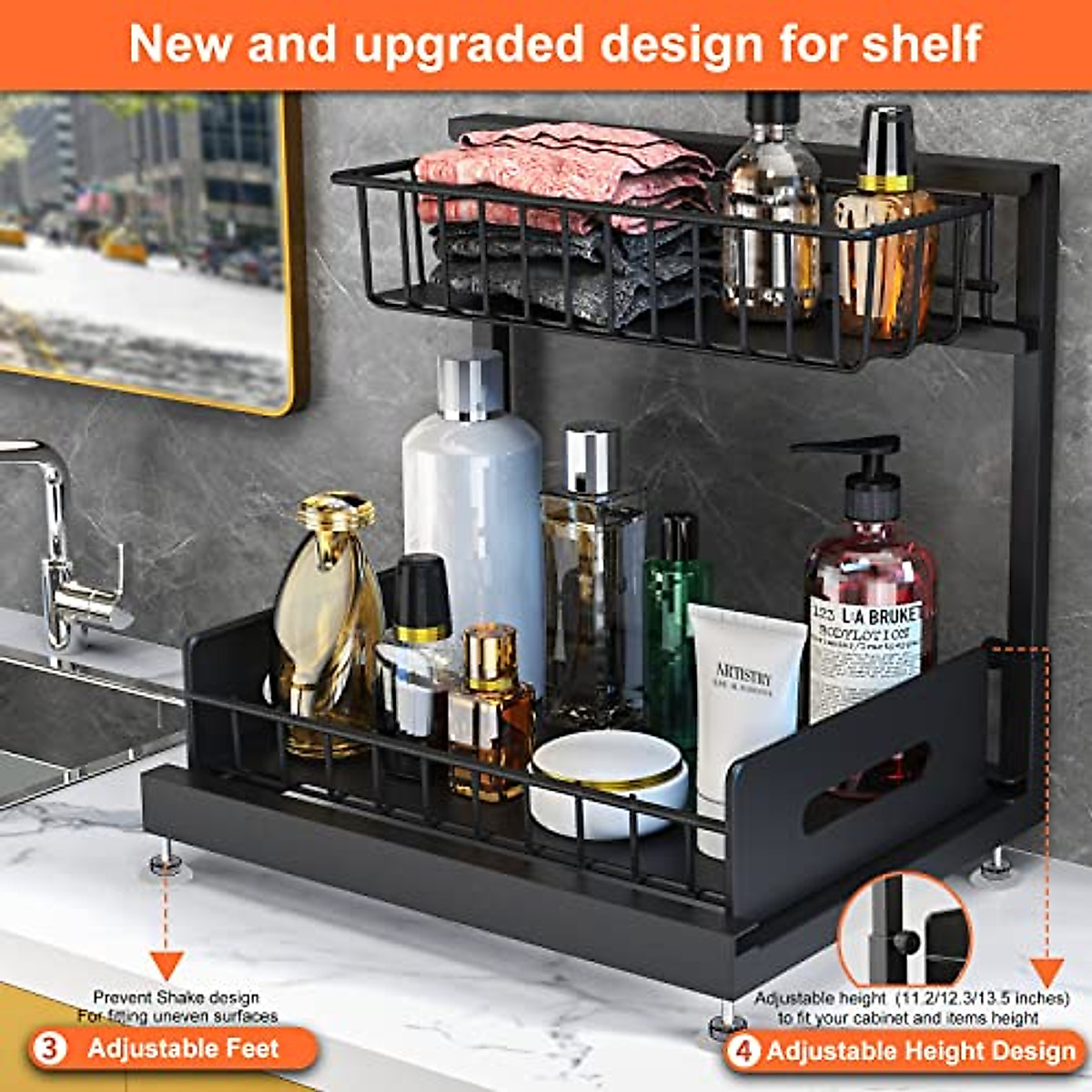 Under Sink Organizer,Pull Out Cabinet Organizer 2 Tier Slide Out Sink Shelf Cabinet Organizer and Storage,Adjustable Metal Under Counter Organizers Multi-Use for Under Kitchen Bathroom Organization